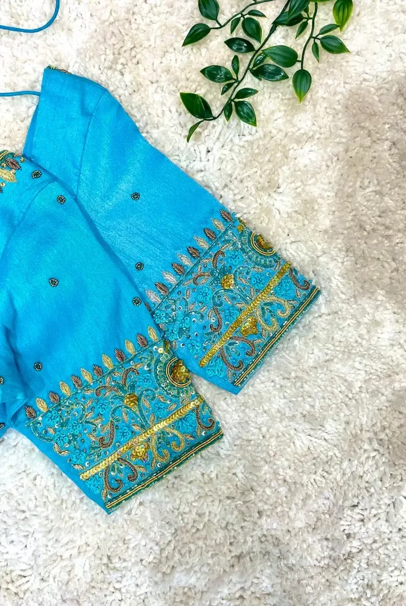 Ethereal Elegance – Sky Blue Maggam Work Blouse for Divine Looks